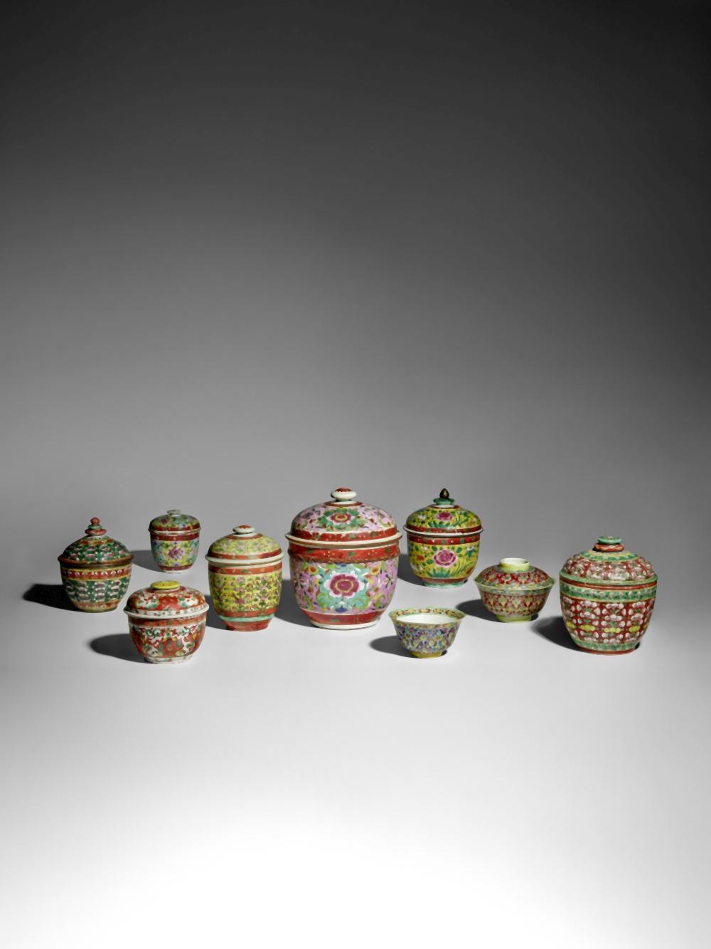 At Auction: NINE THAI-MARKET 'FLORAL' BENCHARONG VESSELS 19th century